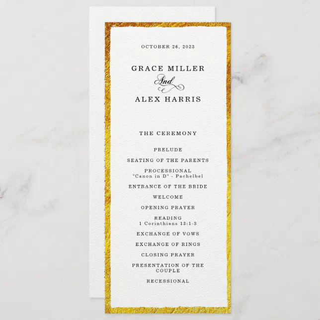 Thin faux gold border wedding program | Zazzle
