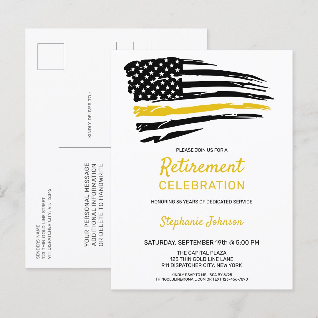 Thin Gold Line 911 Dispatcher Retirement Party Announcement Postcard ...