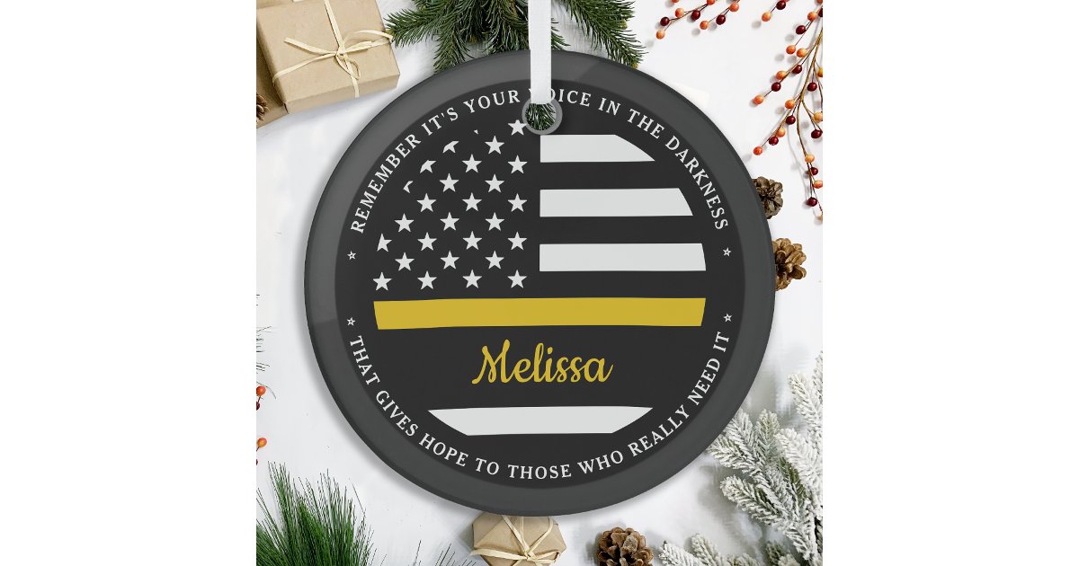 Thin Gold Line Personalized Flag 911 Dispatcher Glass Ornament | Zazzle