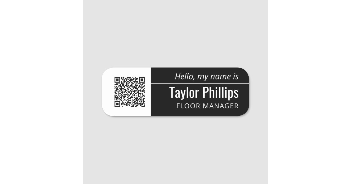 Thin Line Black & White QR Code Name Tag | Zazzle