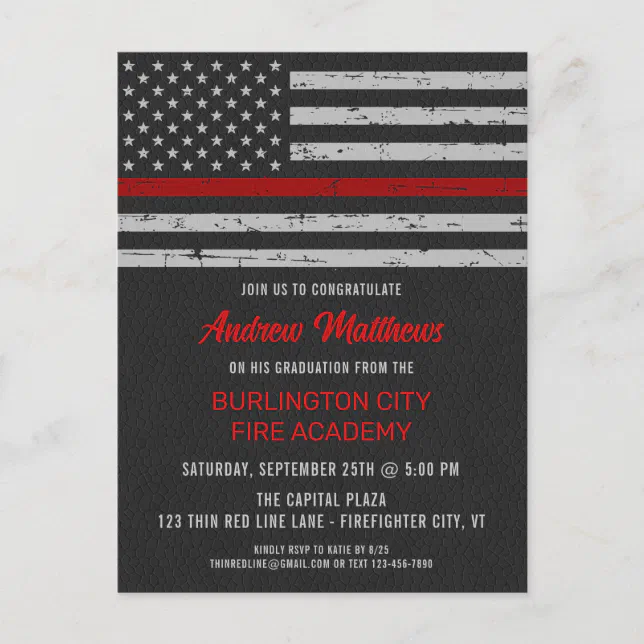 Thin Red Line Fire Academy Firefighter Graduation Invitation Postcard ...