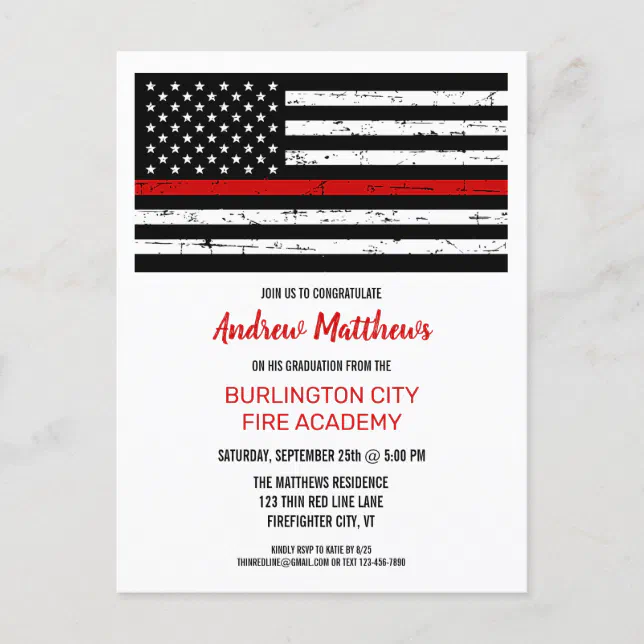 Thin Red Line Firefighter Fire Academy Graduation Invitation Postcard ...
