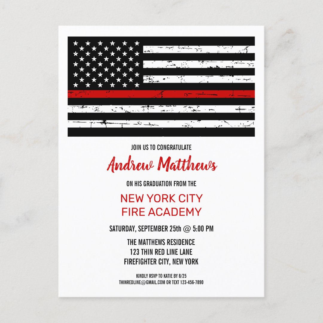 Thin Red Line Firefighter Fire Academy Graduation Invitation Postcard ...