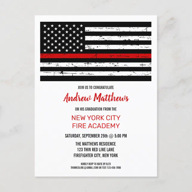 Thin Red Line Firefighter Fire Academy Graduation Invitation Postcard ...