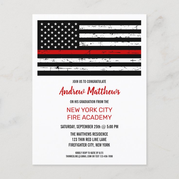 Thin Red Line Firefighter Fire Academy Graduation Invitation Postcard ...