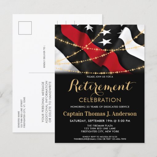 Thin Red Line Fireman Firefighter Retirement Invitation Postcard | Zazzle