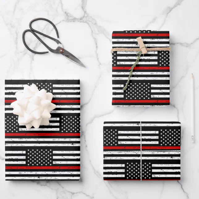 Thin Red Line Fireman Flag Retirement Firefighter Wrapping Paper Sheets ...