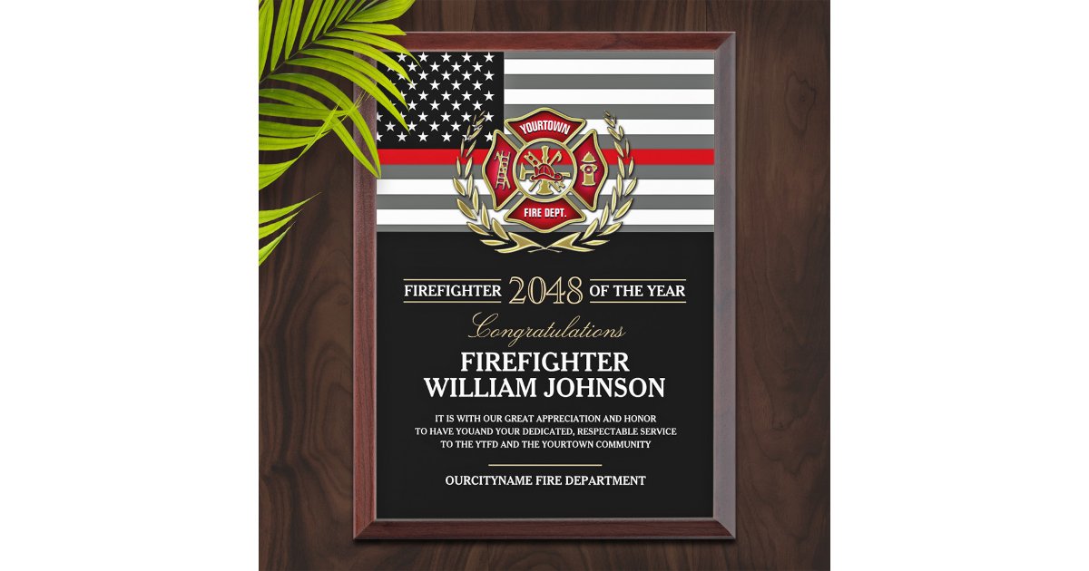 Thin Red Line Flag Firefighter of the Year Award Plaque | Zazzle