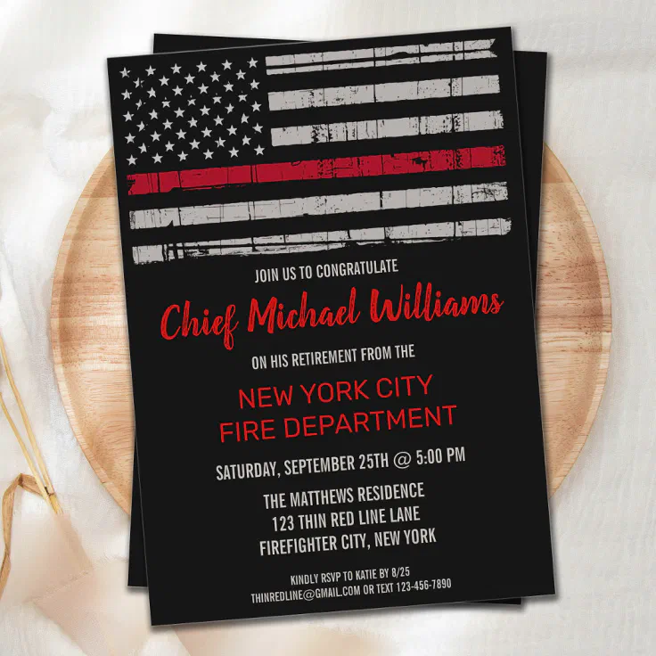 Thin Red Line Flag Fireman Firefighter Retirement Invitation | Zazzle