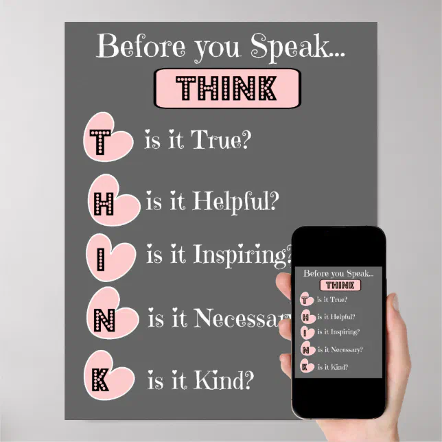 THINK before you speak, Family Poster (pink gray) | Zazzle