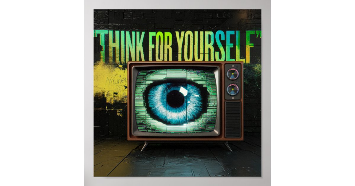 Think For Yourself Retro TV Eyeball Glitch Poster | Zazzle