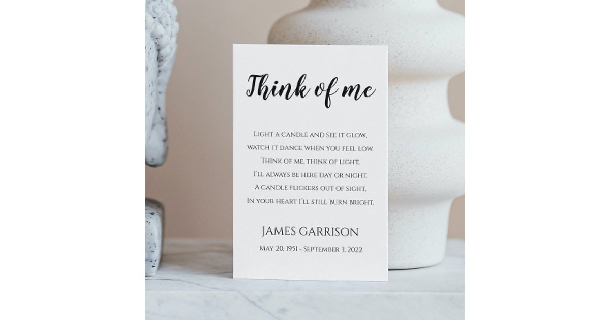 Think Of Me Celebration of Life Memorial Candle Place Card | Zazzle