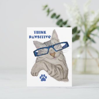 Think Pawsitive Positivity Quote Cute Cat Glasses Postcard | Zazzle