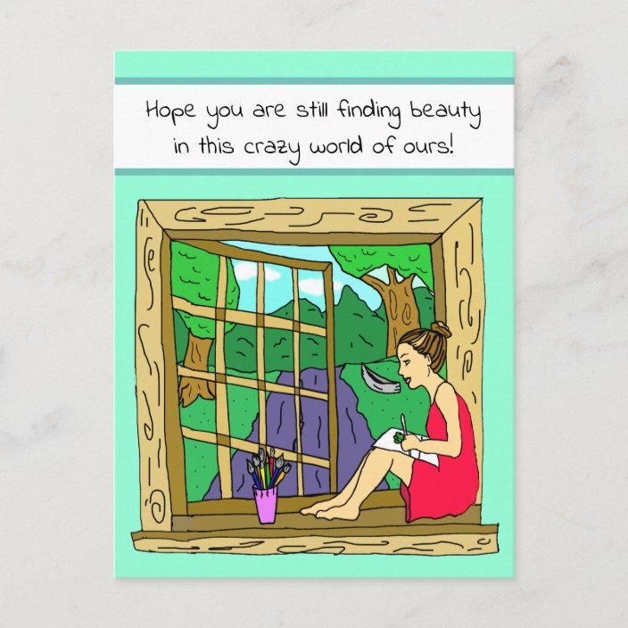 Thinking about you Hand Drawn Cartoon Lady Drawing Postcard | Zazzle.com