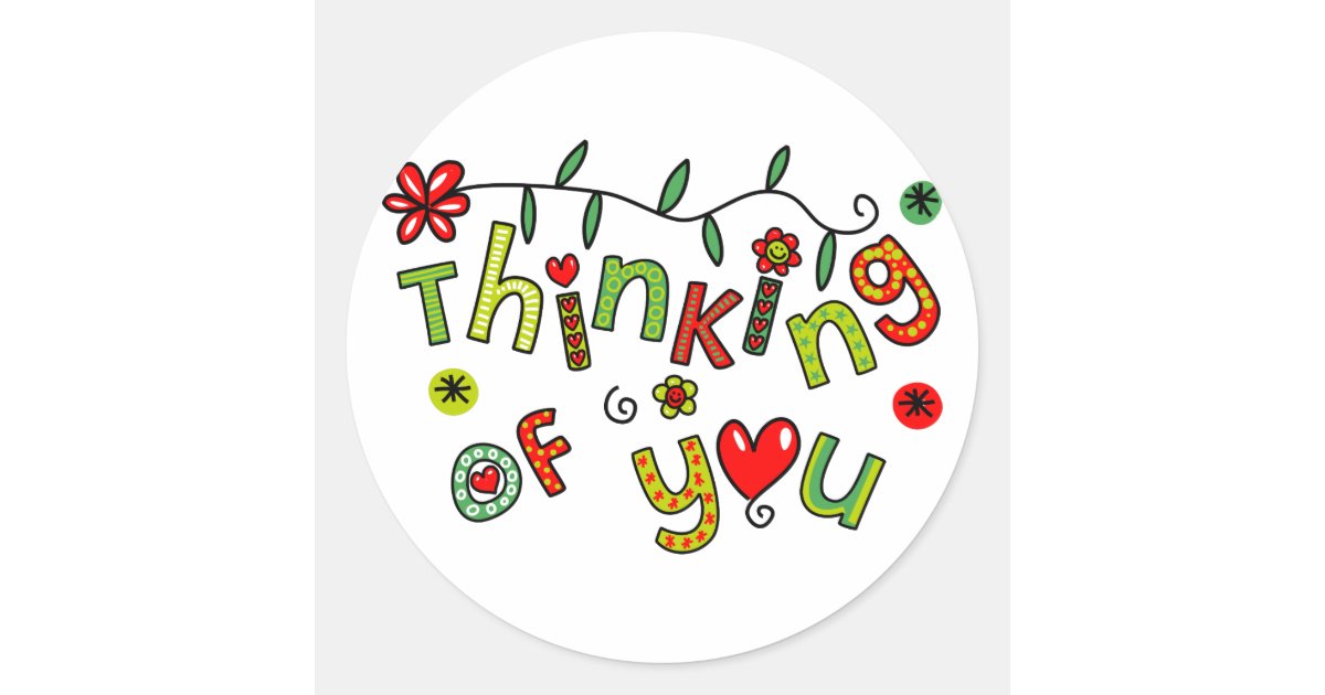 Thinking of You Cartoon Doodle Text Classic Round Sticker | Zazzle