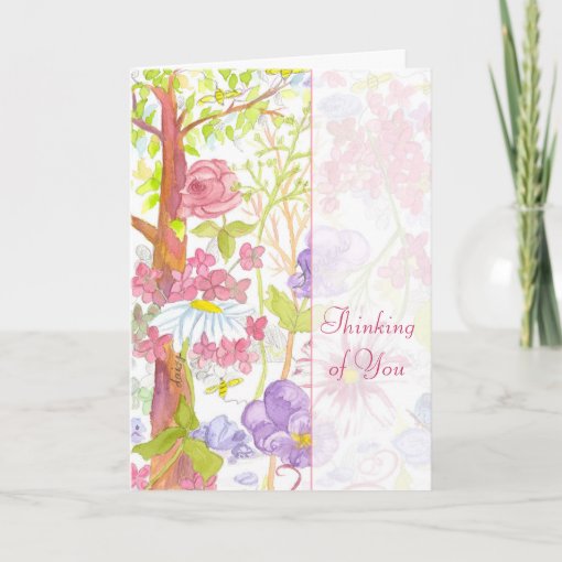 Thinking of You Pink Roses Pansies Leaves Card | Zazzle