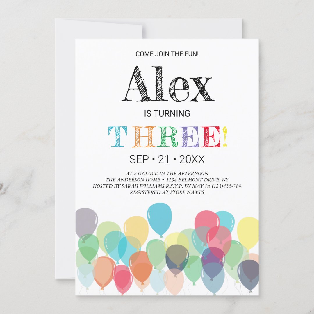 Third Birthday Balloons Party Invitation | Zazzle