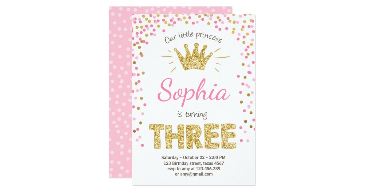 Third birthday invitation Princess Gold Pink Three | Zazzle.com