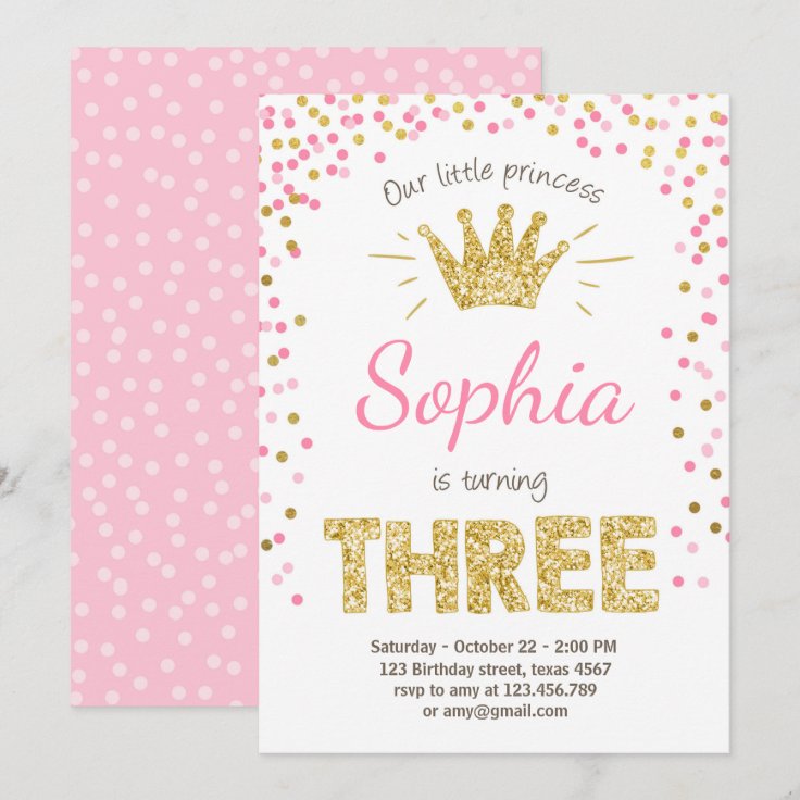 Third birthday invitation Princess Gold Pink Three | Zazzle