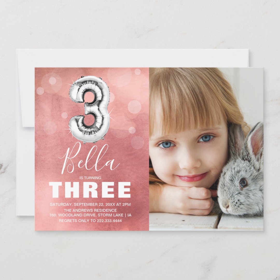 Third Birthday Silver Balloon | Pink Photo Party Invitation | Zazzle