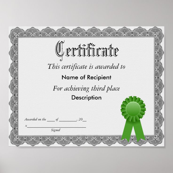 Third Place Green Ribbon Certificate Poster | Zazzle