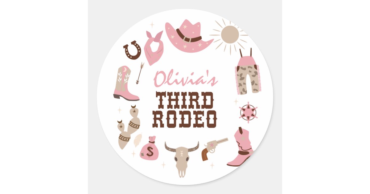 Third Rodeo Pink Western Cowboy 3rd Birthday Classic Round Sticker | Zazzle