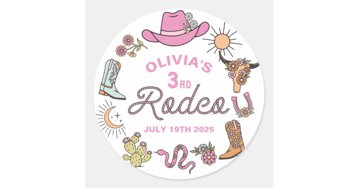 Third Rodeo Pink Western Cowboy 3rd Birthday Classic Round Sticker | Zazzle