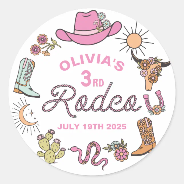 Third Rodeo Pink Western Cowboy 3rd Birthday Classic Round Sticker | Zazzle