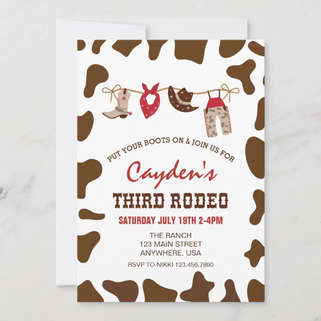 Third Rodeo Western Cowboy 3rd Birthday Invitation | Zazzle