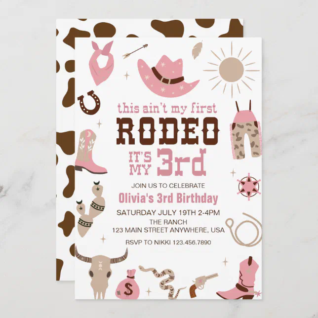 Third Rodeo Western Cowgirl 3rd Birthday Invitation | Zazzle