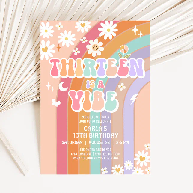 THIRTEEN is a Vibe Daisy Groovy 13th Birthday Invitation | Zazzle