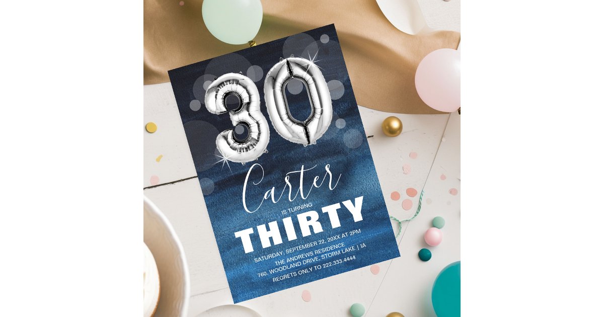 Thirty Birthday Silver Balloon | Blue Party Invitation | Zazzle