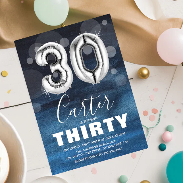 Thirty Birthday Silver Balloon | Blue Party Invitation | Zazzle