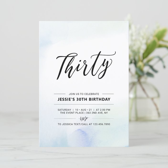 Thirty | Blue 30th Birthday Party Watercolor Invitation | Zazzle.com