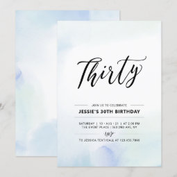 Thirty | Blue 30th Birthday Party Watercolor Invitation | Zazzle