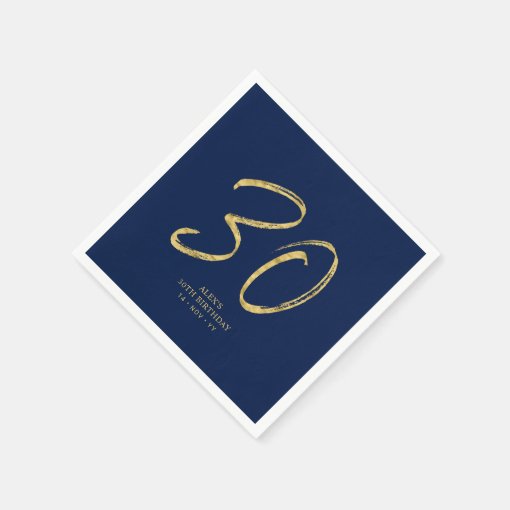 Thirty | Gold & Navy Blue Lettering 30th Birthday Napkins | Zazzle