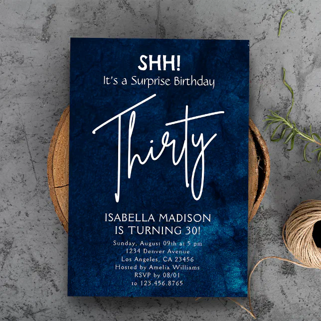 Thirty | Navy Blue 30th Birthday Surprise Party Invitation | Zazzle