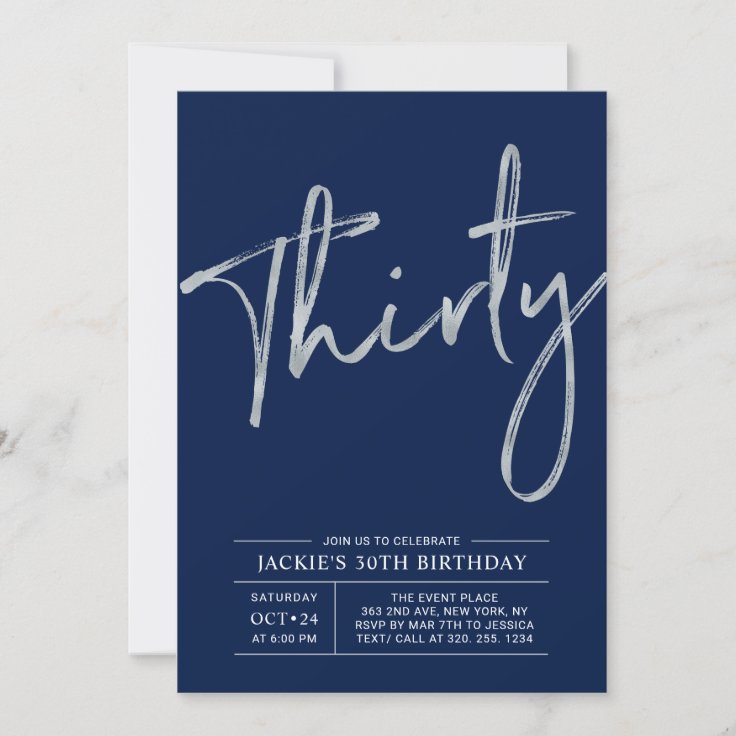 Thirty | Silver & Blue Modern 30th Birthday Party Invitation | Zazzle