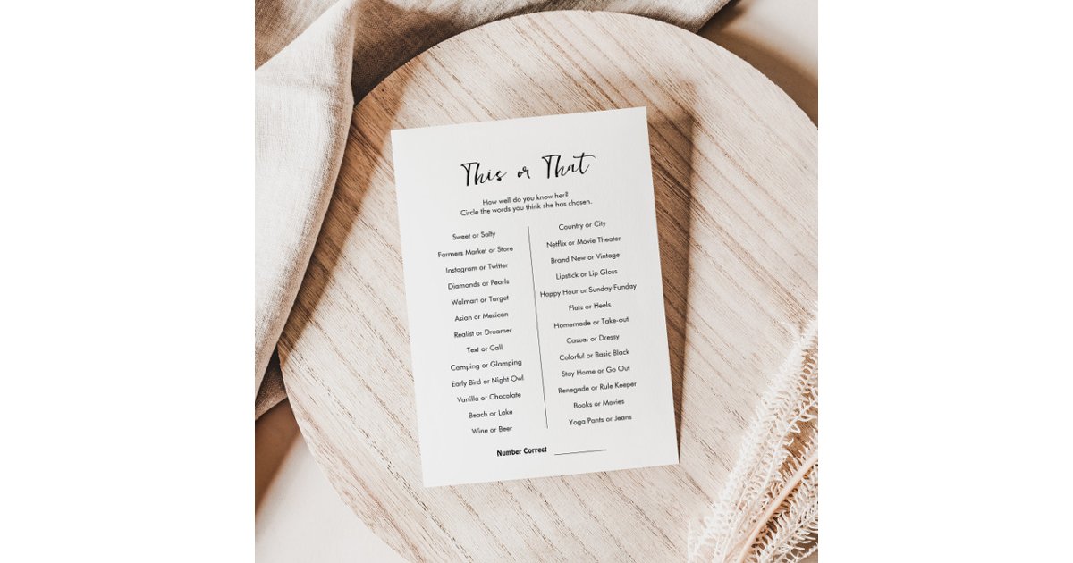 This or That Game Card | Zazzle