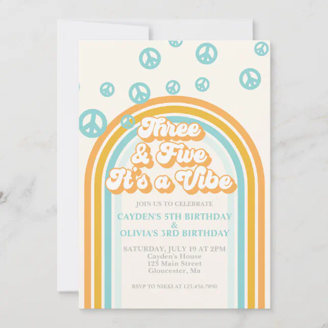 Three and Five it's a Vibe Retro Joint Birthday Invitation | Zazzle
