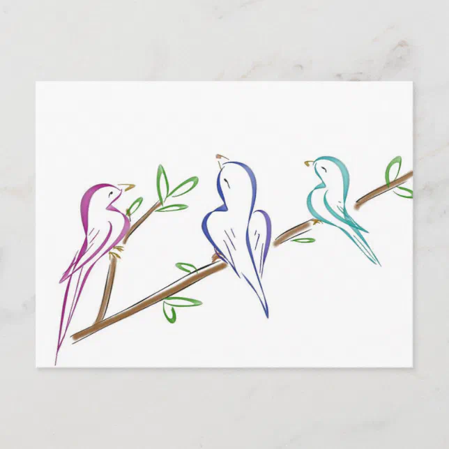 Three birds sitting on a branch postcard | Zazzle
