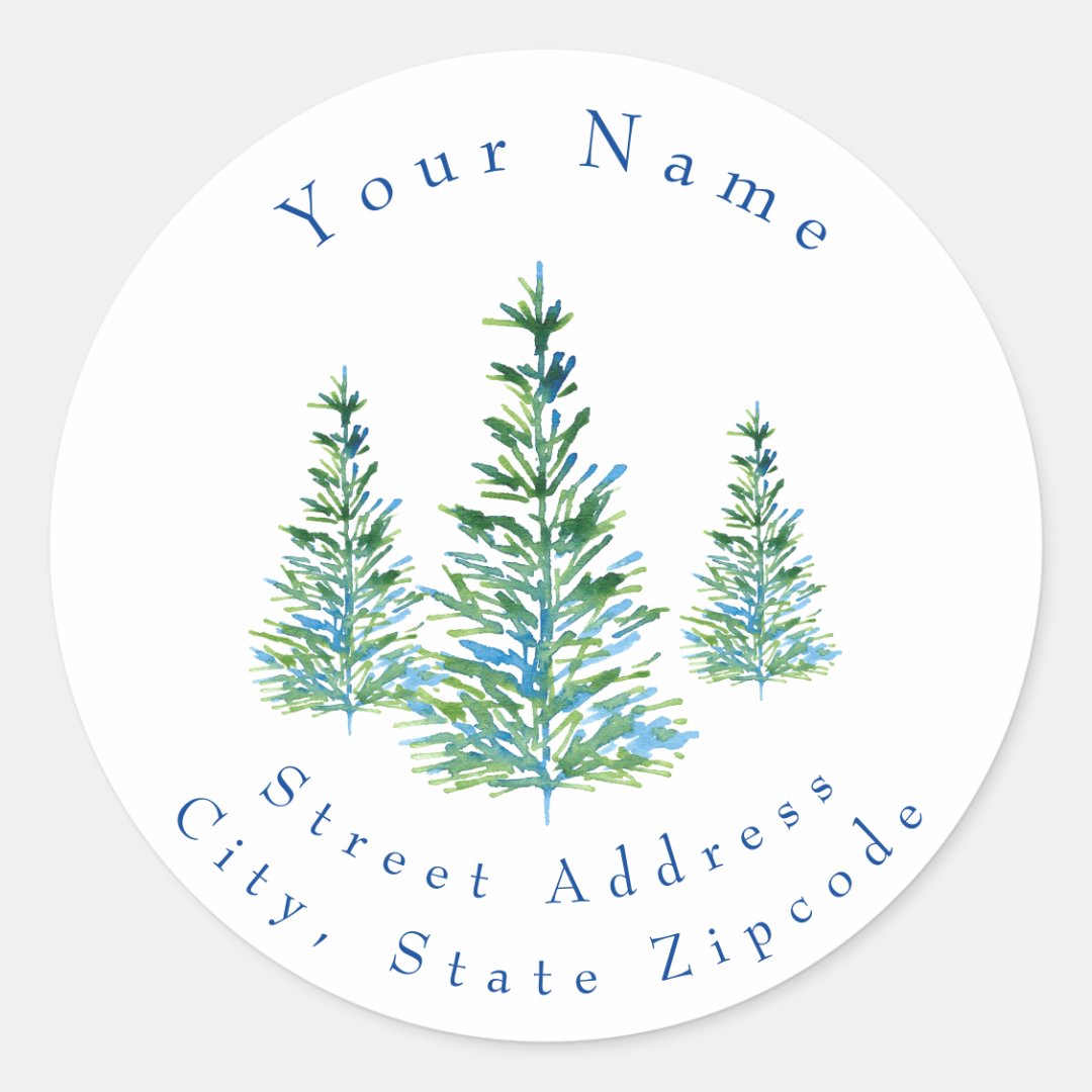 'Three Blue Green Watercolor Pine Trees' Labels | Zazzle