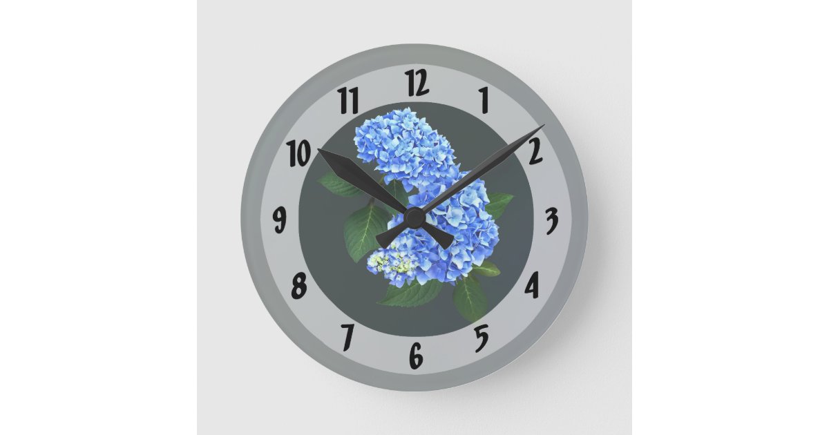 Three Blue Hydrangea Round Clock | Zazzle
