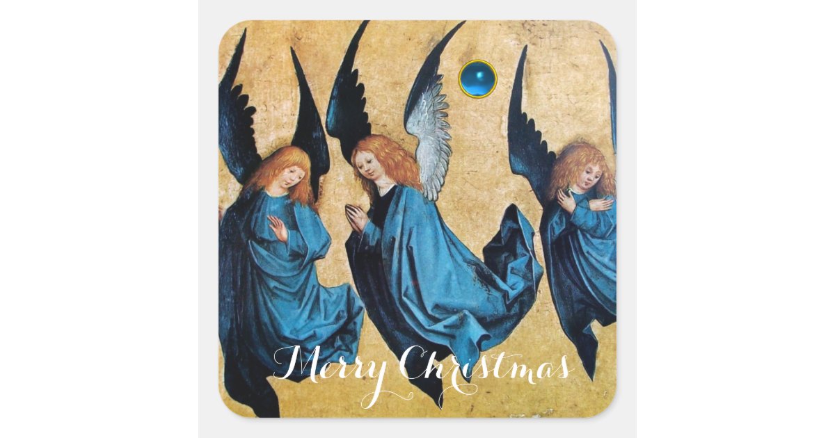 THREE CHRISMAS ANGELS IN BLUE SQUARE STICKER | Zazzle