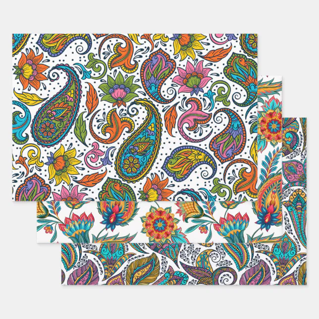 Three colorful vintage paisley patterns wrapping paper sheets | Zazzle