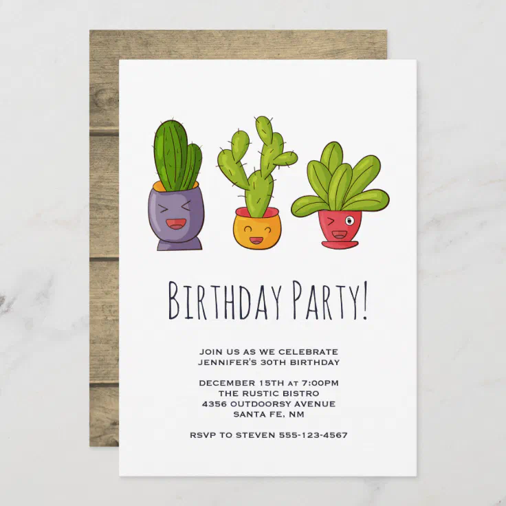 Three Cute Cactus Illustration Birthday Party Invitation | Zazzle