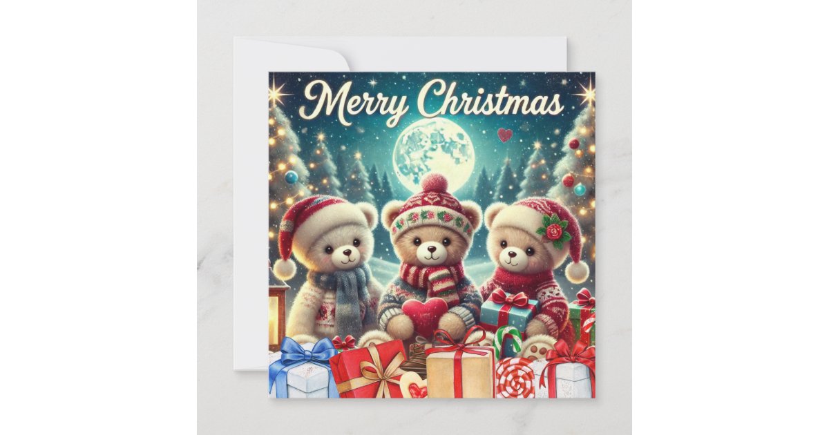 Three Cute Teddy Bears Merry Christmas Holiday Card | Zazzle