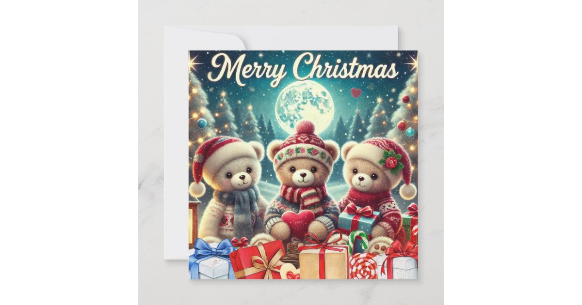 Three Cute Teddy Bears Merry Christmas Holiday Card | Zazzle