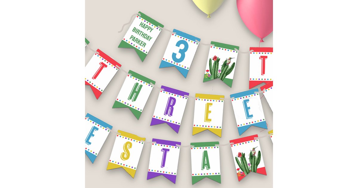 Three-Esta Fiesta Colorful Kids 3rd Birthday Bunting Flags | Zazzle