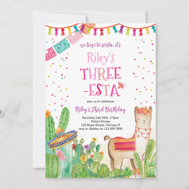 Three Esta Fiesta Girl 3rd Birthday Invitation | Zazzle